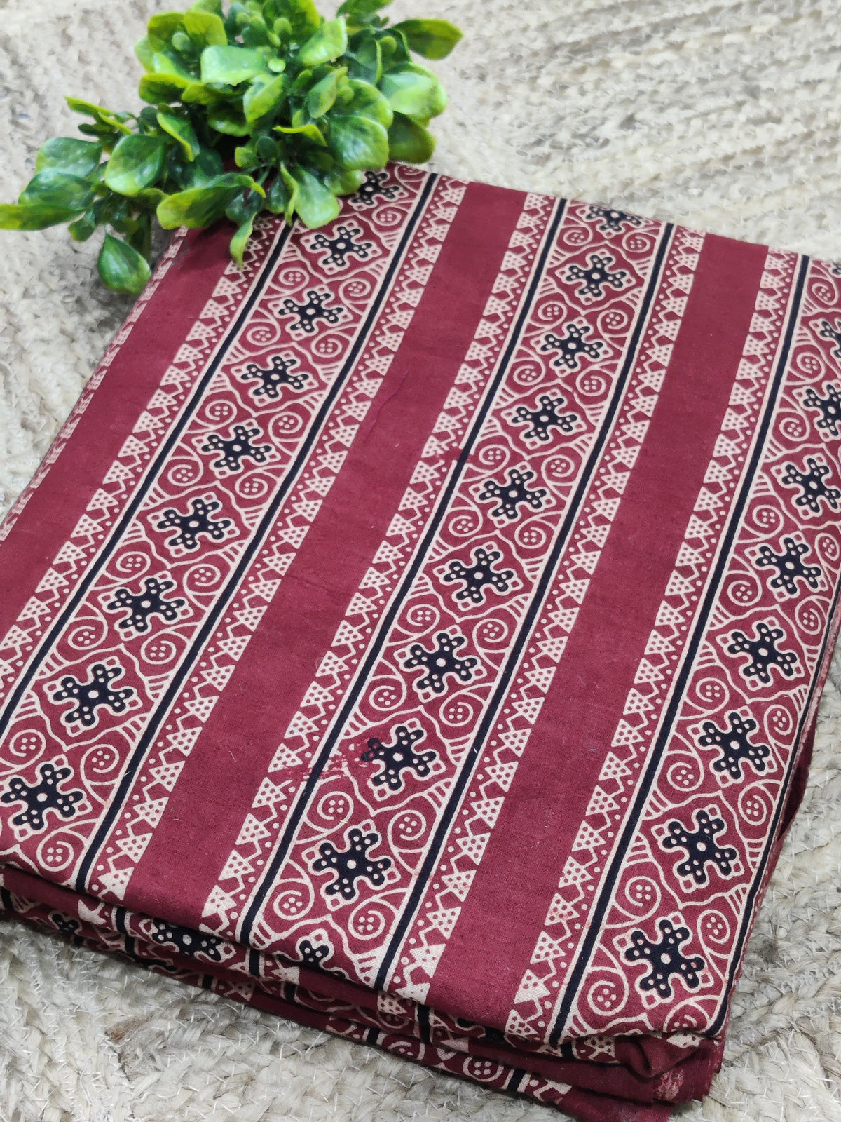 Pure Cotton Ajrakh Printed Border Design Fabric in Red | Antriksh store